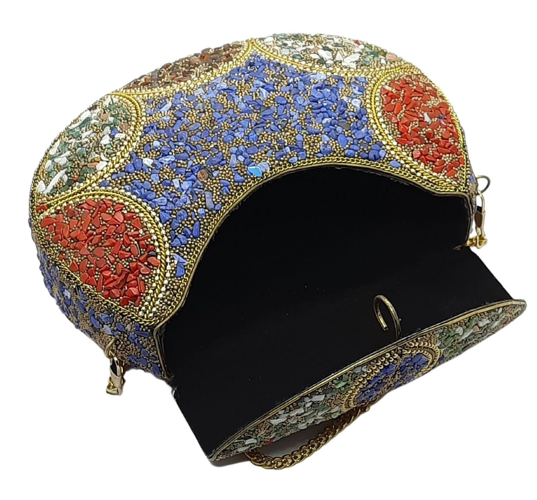 Trend Overseas Multi color Cut Stone Antique Ethnic mosaic party clutch, Multicolour, M