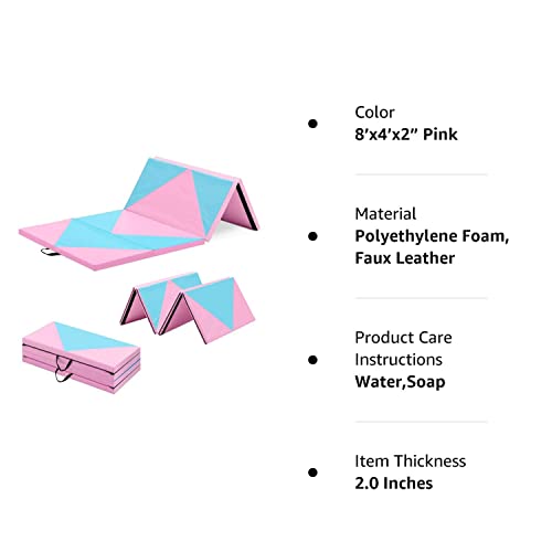 PanAme Folding Gymnastics Exercise Mats, 8βx4βx2β Thick Gymnastics Tumbling Mats, Lightweight Gymnastics Panel Mat with Carrying Handle for MMA, Yoga, Home Gym, Fitness(Pink&Blue)