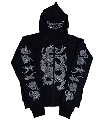 NJNJGO Womens Zip Up Skeleton Glitter Gothic Y2K Jacket, Rhinestone Punk Dark E-Girl Hooded Sweatshirt