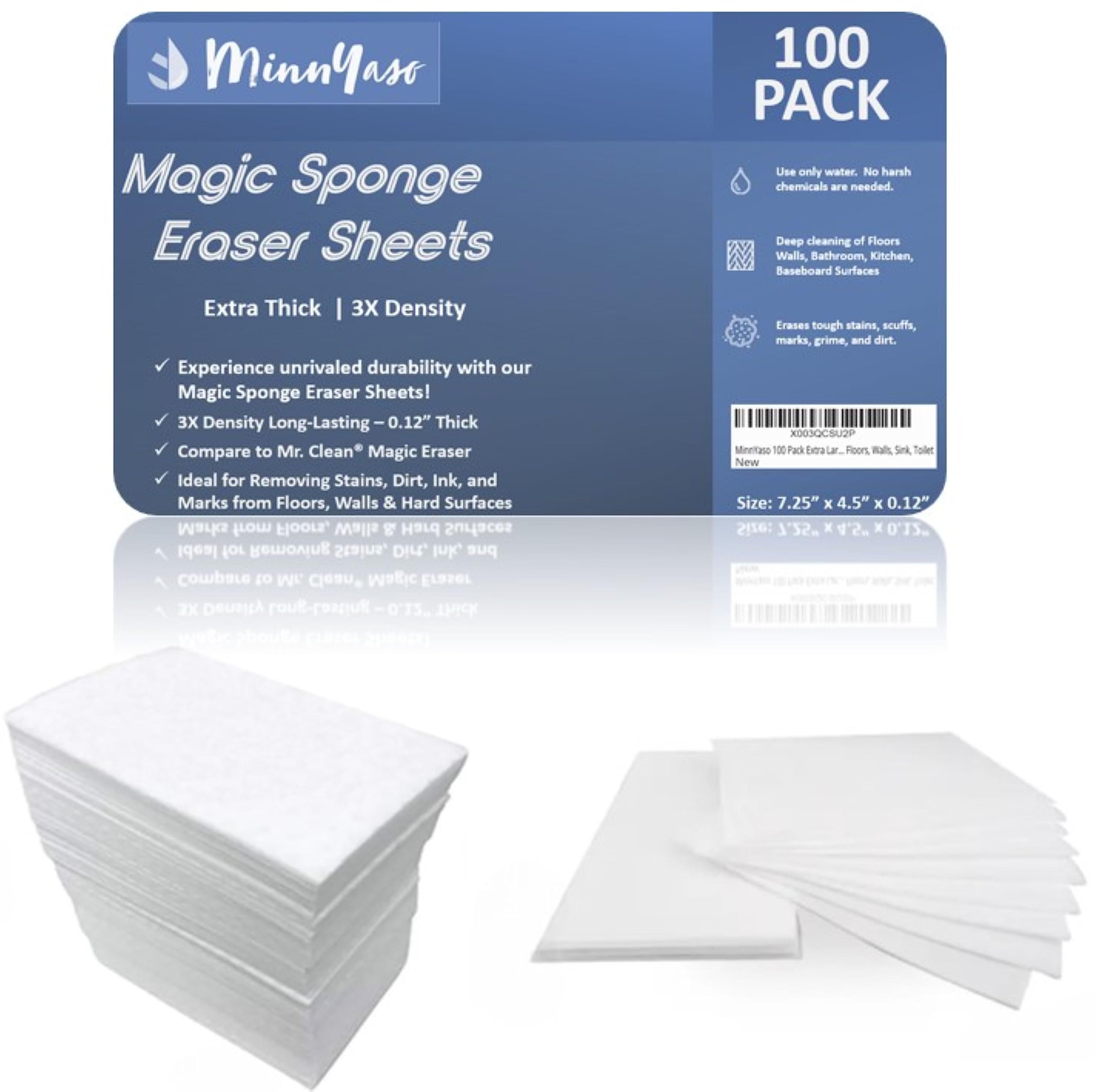 MinnYaso 100 Pack Extra Large - Extra Thick - Super Durable Magic Sponge Eraser Sheets 7.25" x 4.5" x 0.12" | All Purpose Household Cleaner Pads for Kitchen, Bathroom, Floors, Walls, Sink, Toilet