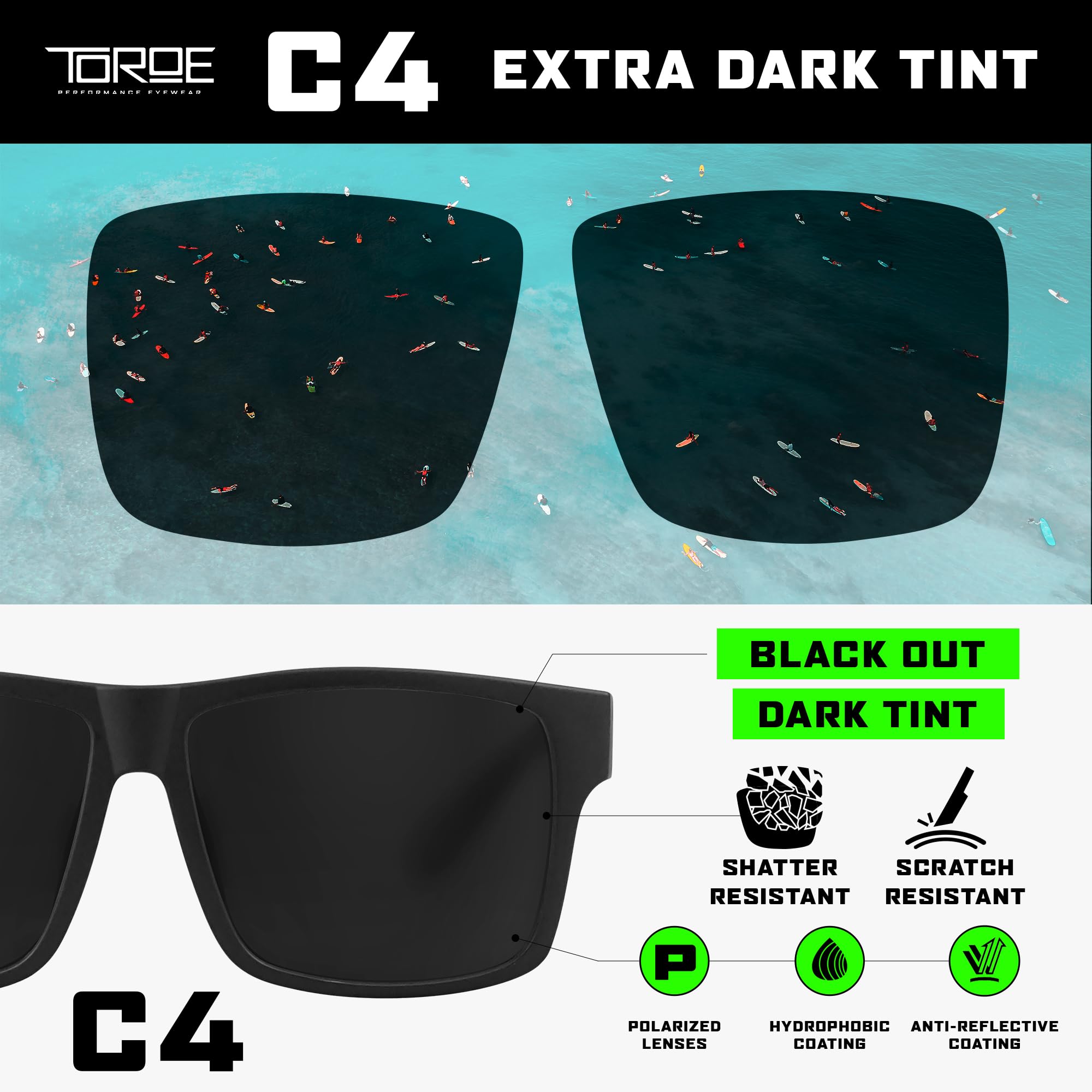 TOROE Men's Black Sqaure TR90 Frame Sunglasses with Polarized Anti Reflective Water Repellant Polycarbonate Lens