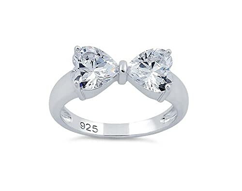 Sterling Silver 925 Bow Ring CZ Heart Cut Bow Ring Ribbon Ring Bridal Jewelry (6)