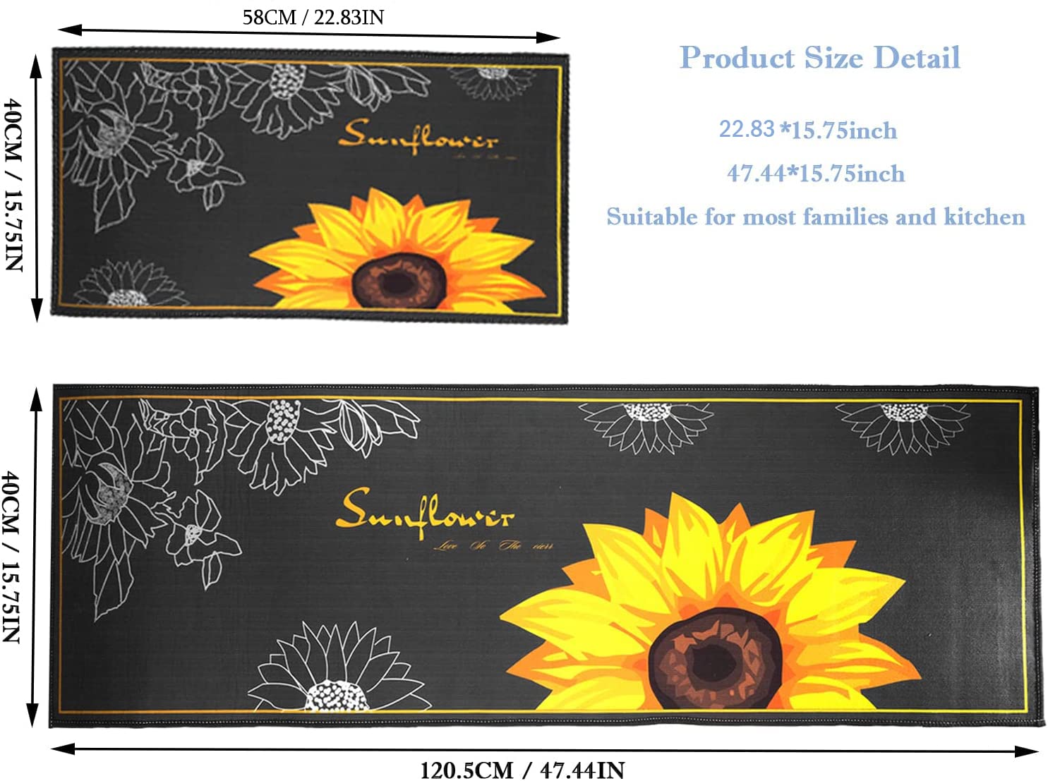 Sunflower Kitchen Mat, 2 Pieces Soft Sunflower Kitchen Rugs Washable Kitchen Floor Mats Kitchen Decor Rugs for in Front of Sink, Hallway, Laundry Room(47.4"x15.7"+23.6"x15.7") - 0.2" Thick Polyester