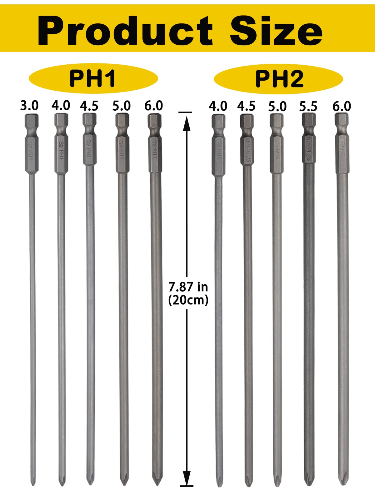 Rocaris 10 Pack Extra Long Phillips Screwdriver Bit Sets, 1/4 Inch Hex Shank Magnetic Screwdriver Bits Cross Head S2, 8 Inch