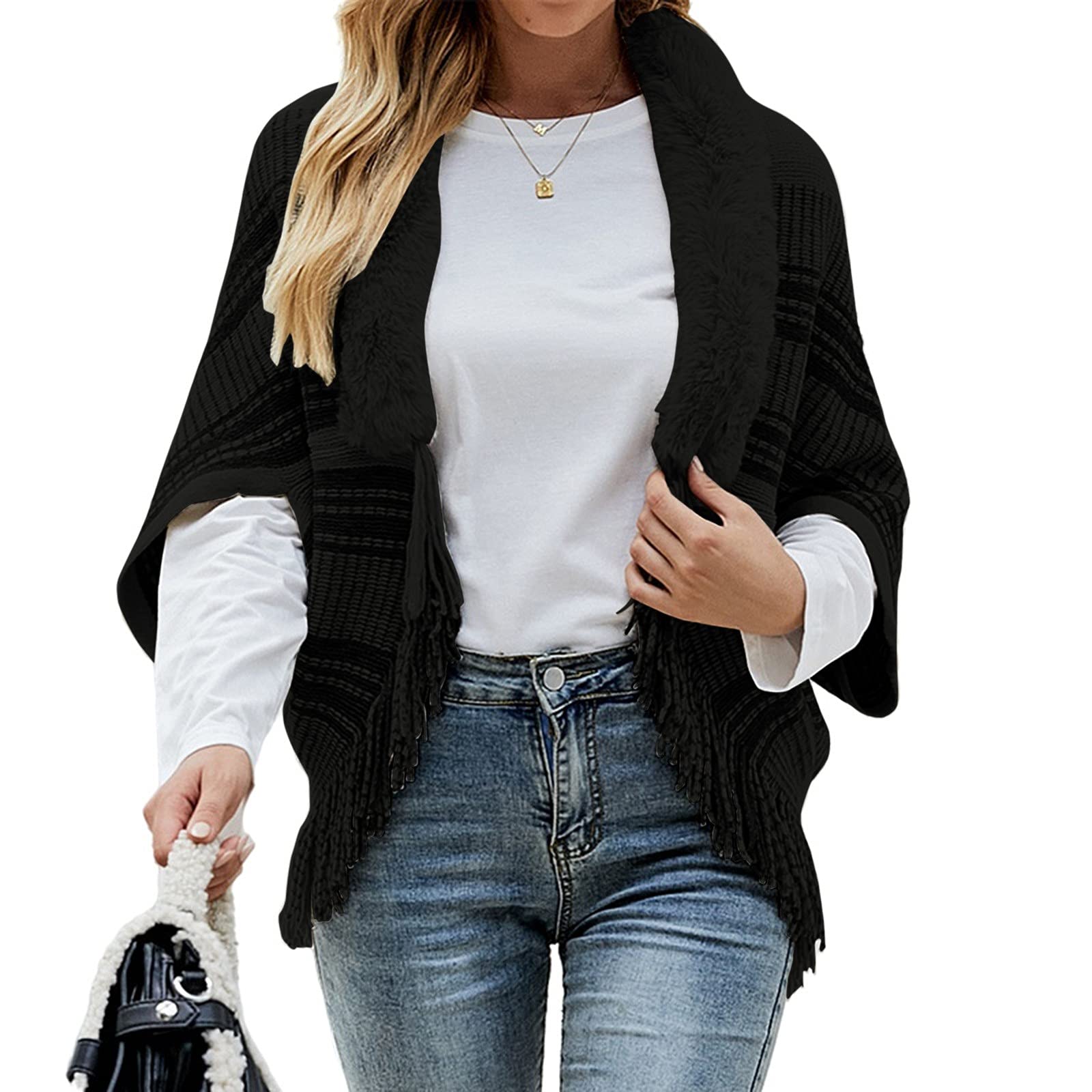 Women's Fringe Cape Cardigan Size Scarf Top Plush Shawl Wrap Baggy Banquet Bat Sleeve Short Coat 11119 (Black, One Size)
