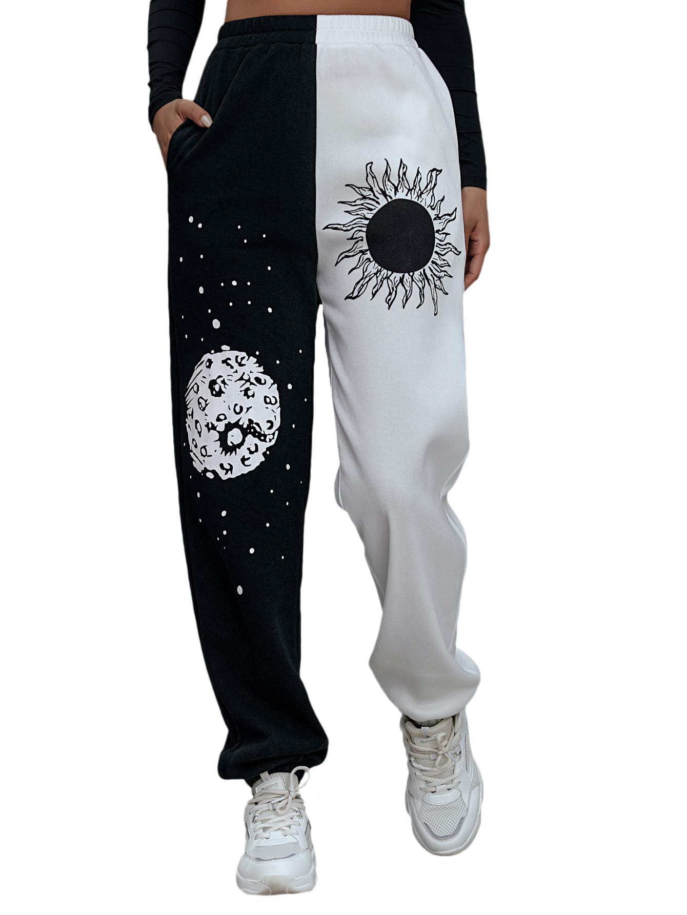 SOLY HUX Women's Graphic Letter Print Elastic Waist Sweatpants Color Block Cozy Running Joggers Pants Black White Sun XS