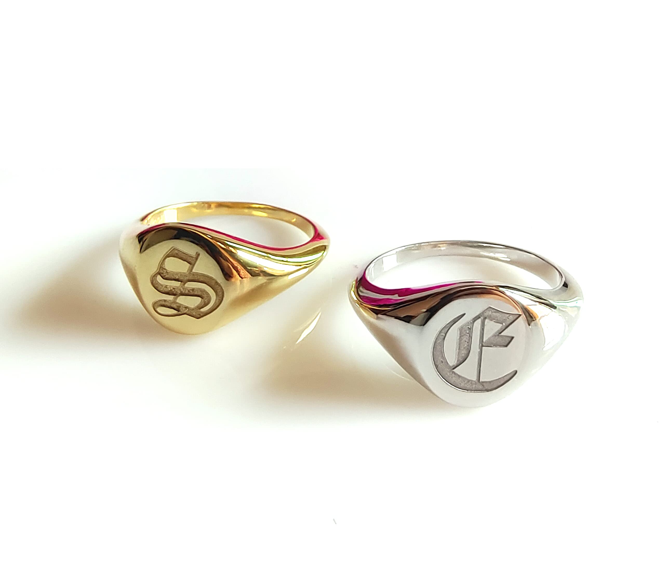 Sterling Silver Old English Initial Signet Ring - Custom Initials Letter Ring- Signet Ring For Women- Gothic Font Ring- Old English Font Ring, Yellow