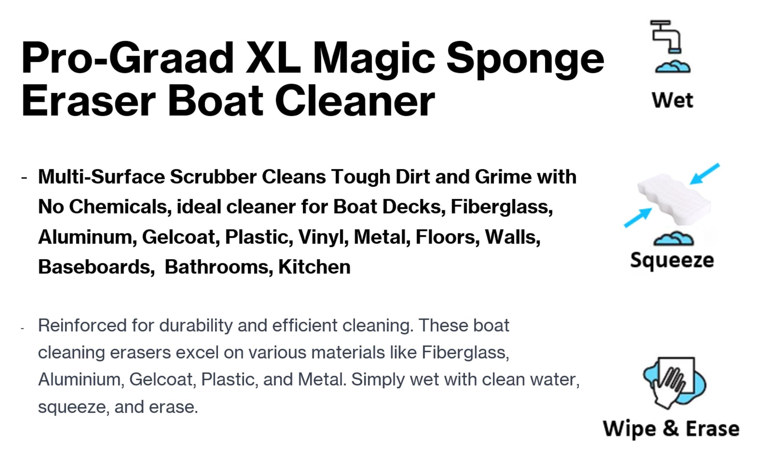 Pro-Graad 4 Pack XL Magic Sponge Eraser Cleaner, 6β x 3.5β x 2β Eraser Pads, Cleans Scuffs, Marks & Dirt from Kitchen, Bathroom, Boat Decks, Fiberglass, Aluminum, Gelcoat, Plastic, Vinyl & Metal