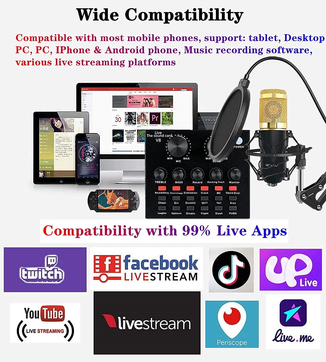 SKYJUNS Podcast Equipment Bundle, BM-800 Podcast Microphone bundle with LIve Sound Card, XLR, Studio Microphone for Laptop Computer Vlog Live Streaming (V8- Gold)