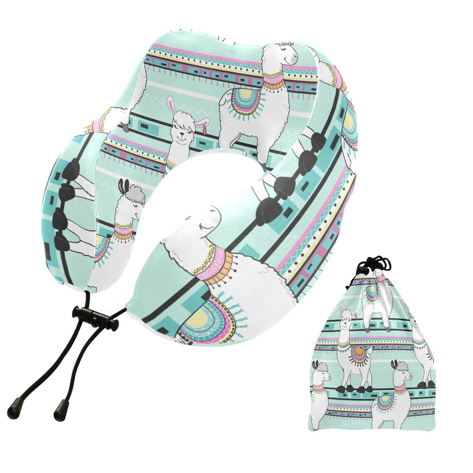 RunningBear Llama Travel Pillow Neck Pillows for Sleeping Airplane Pillow Soft Neck Support Pillow Memory Foam with Storage Bag for Flight Headrest Sleep