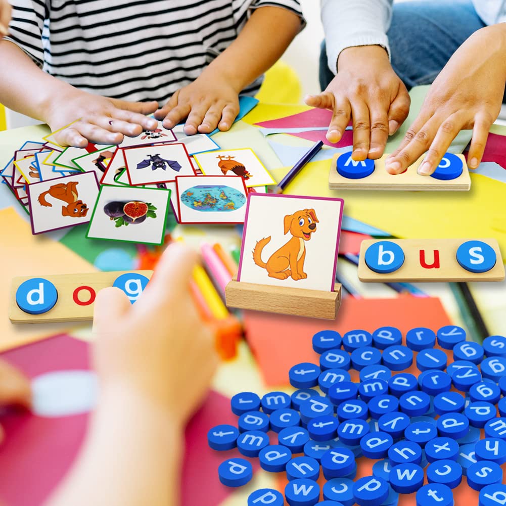 Wooden Short Vowel Reading Letters Spelling Toys, Alphabet Puzzle Flashcards Learning Activities Sight Words Reading Blocks Educational Toys for 3 4 5 Years Old Kids