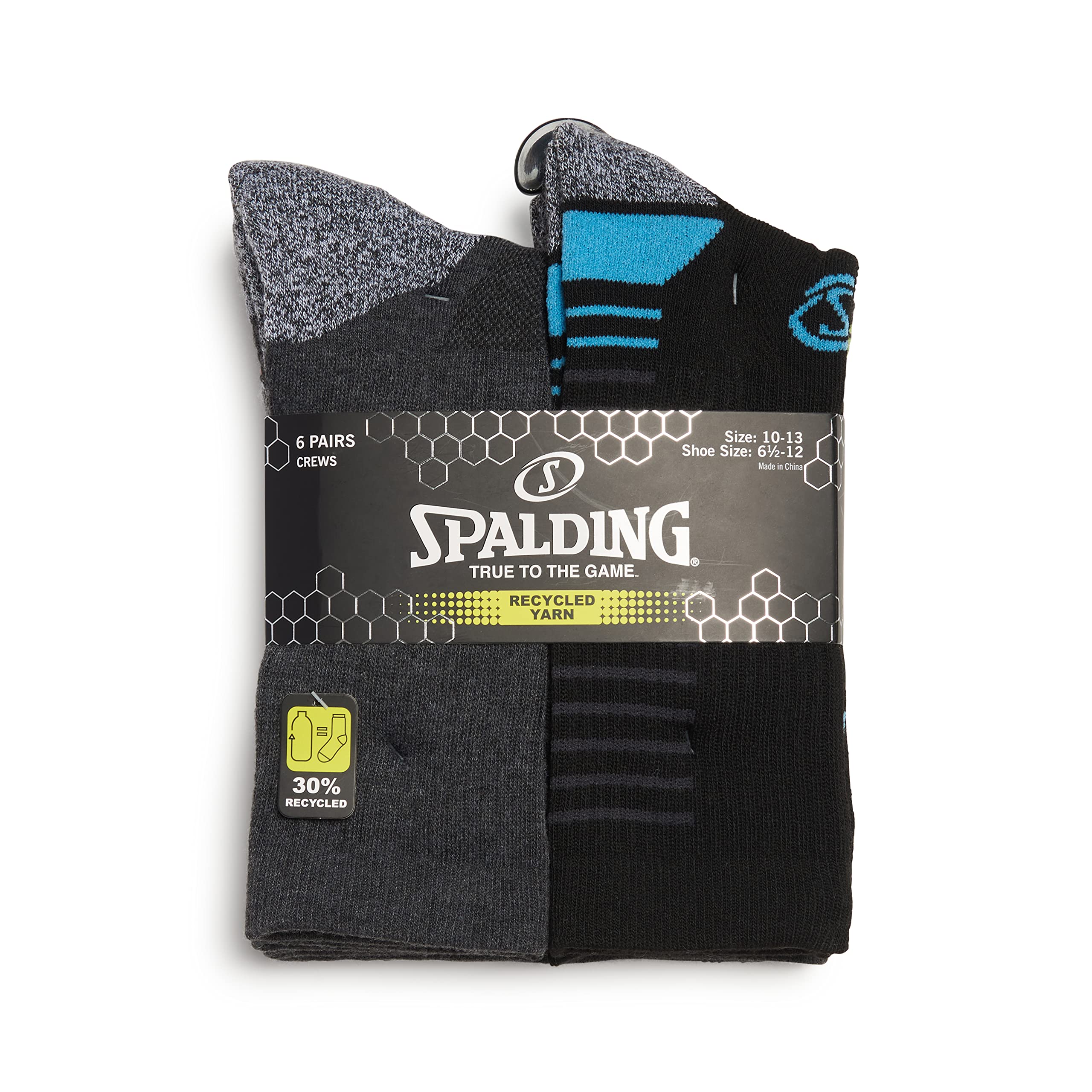 Spalding Men's Basic Breathable Crew Socks Cushion Heel Size 10-13 - Value Pack - 6 Pairs in pack