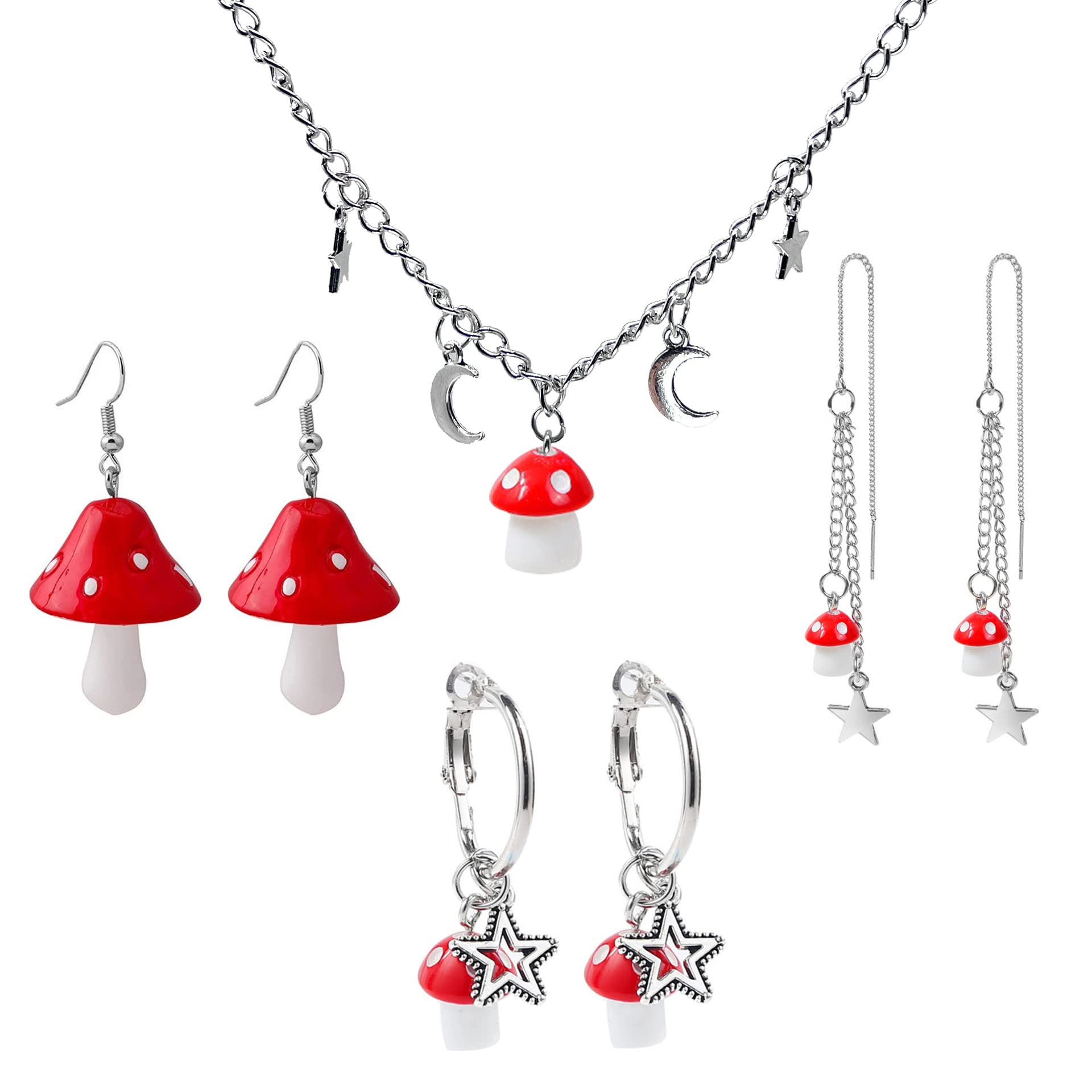 Star Moon Mushroom Necklace Earrings Set,Simulation Acrylic Red Mushroom Drop Earrings for Girls,Long Tassel Mushroom Shape Dangle Earrings for Women (4pair)