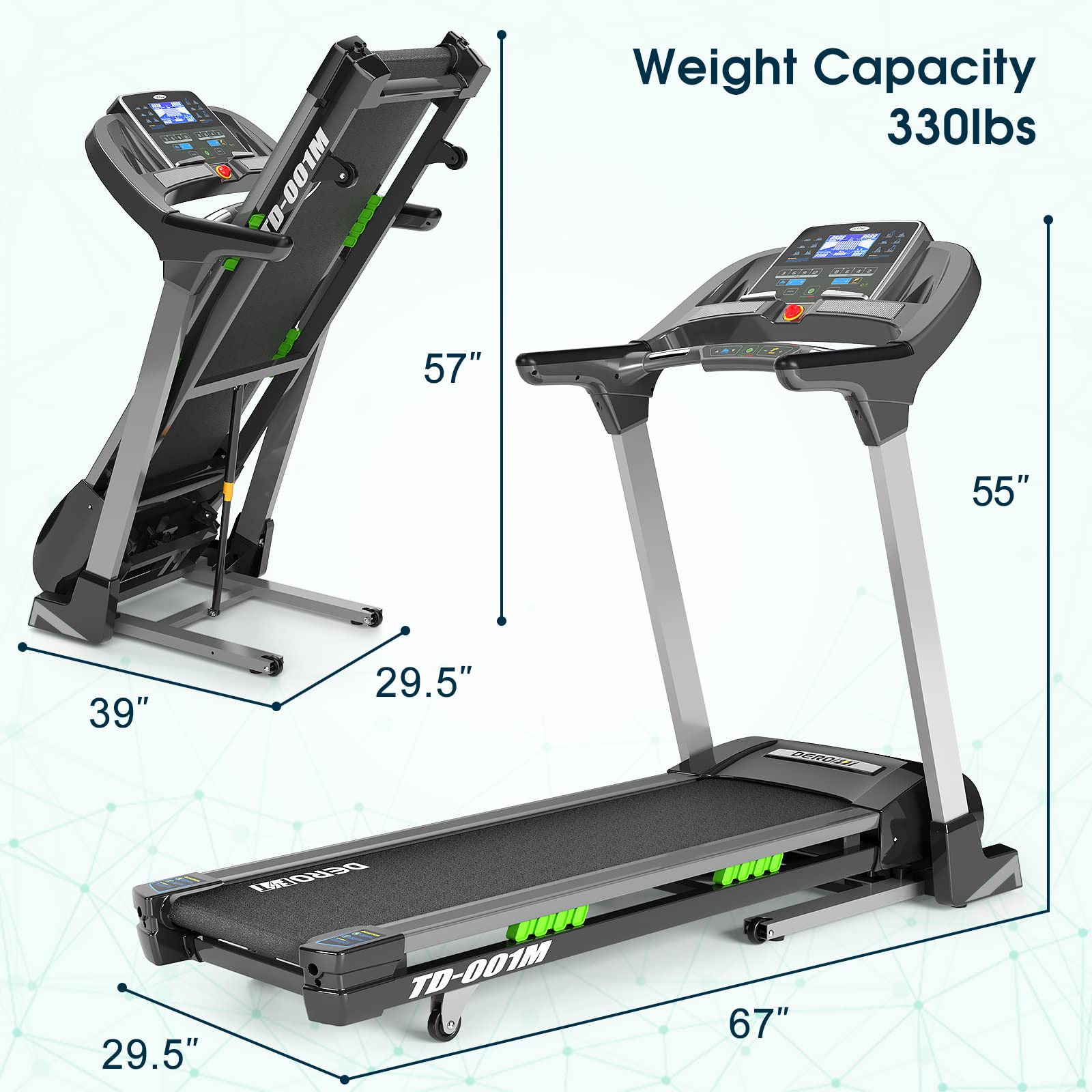 Treadmill with Auto Incline 300+ lb Capacity,DEROFIT Home Use Treadmill with Shock Absorbing Folding Running Machine for Home Gym,51βx17β Running Deck,12 Preset Programs,3.25 HP Electric Treadmill
