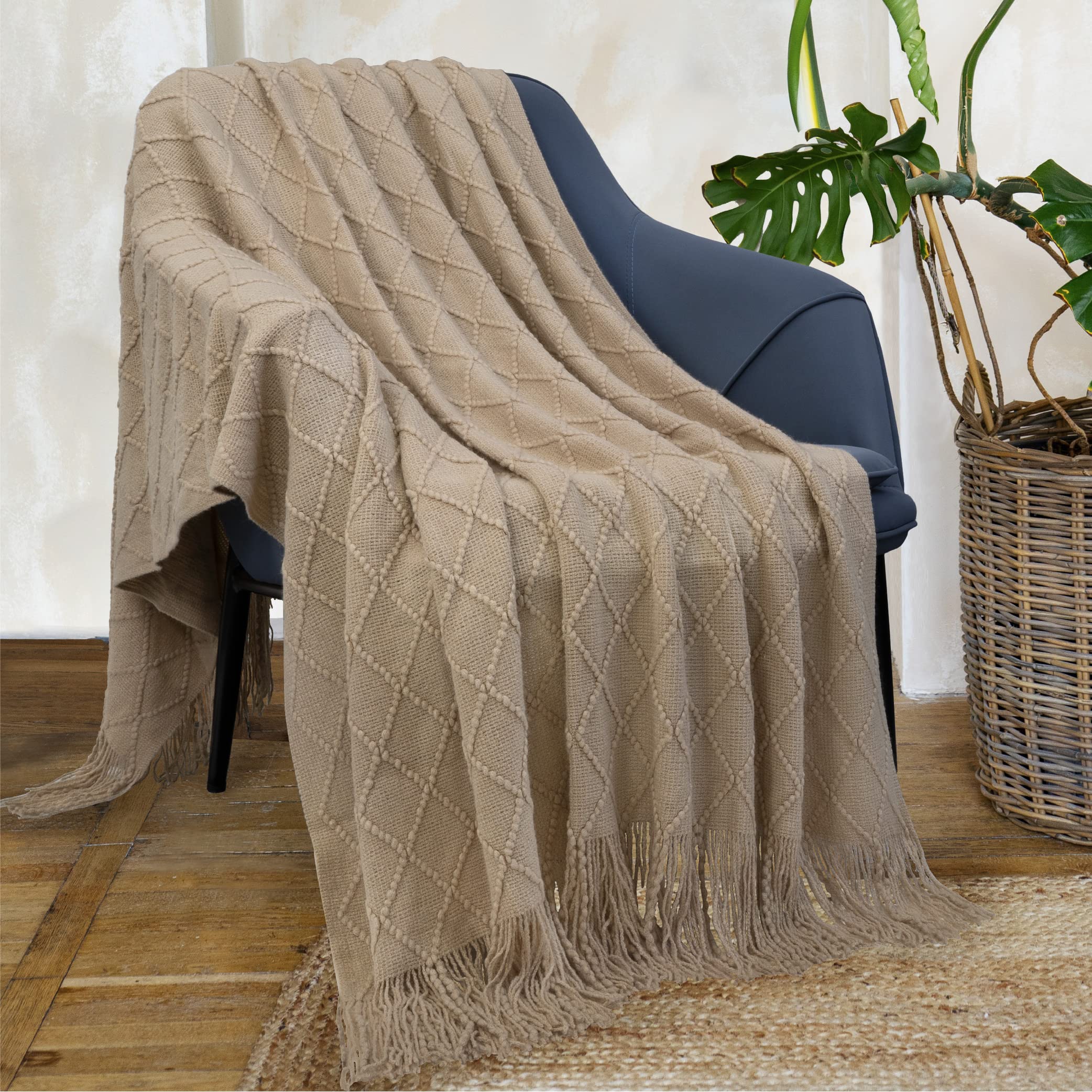 PAVILIA Tan Taupe Knit Throw Blanket Couch, Soft Knitted Boho Farmhouse Home Decor Woven Throw, Cozy Decorative Afghan Bed Sofa, Outdoor Summer Fall Gift Lightweight, Neutral Beige Camel Brown, 50x60