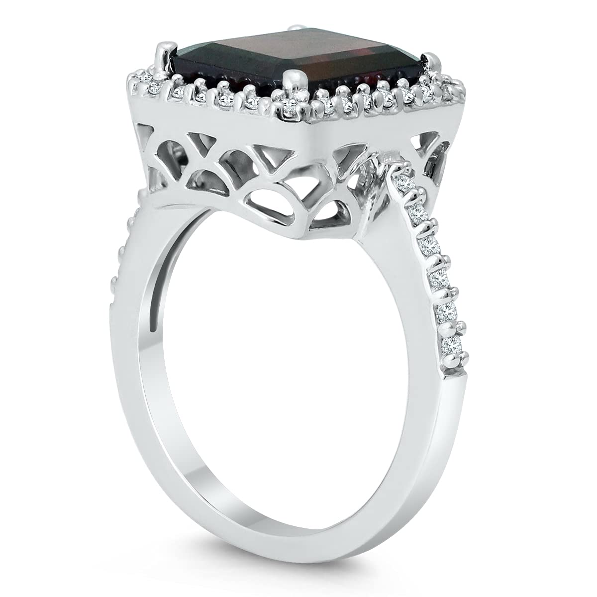 SZUL Garnet and Diamond Halo Cocktail Ring in 14K White Gold