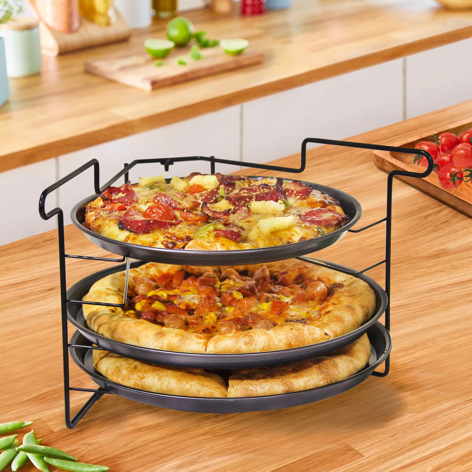 VANLAMNI Pizza Baking Set with 1 Wire Metal Pizza Rack and 3 Circular Pizza Pans,11 inch Non-stick Pizza Trays for Oven