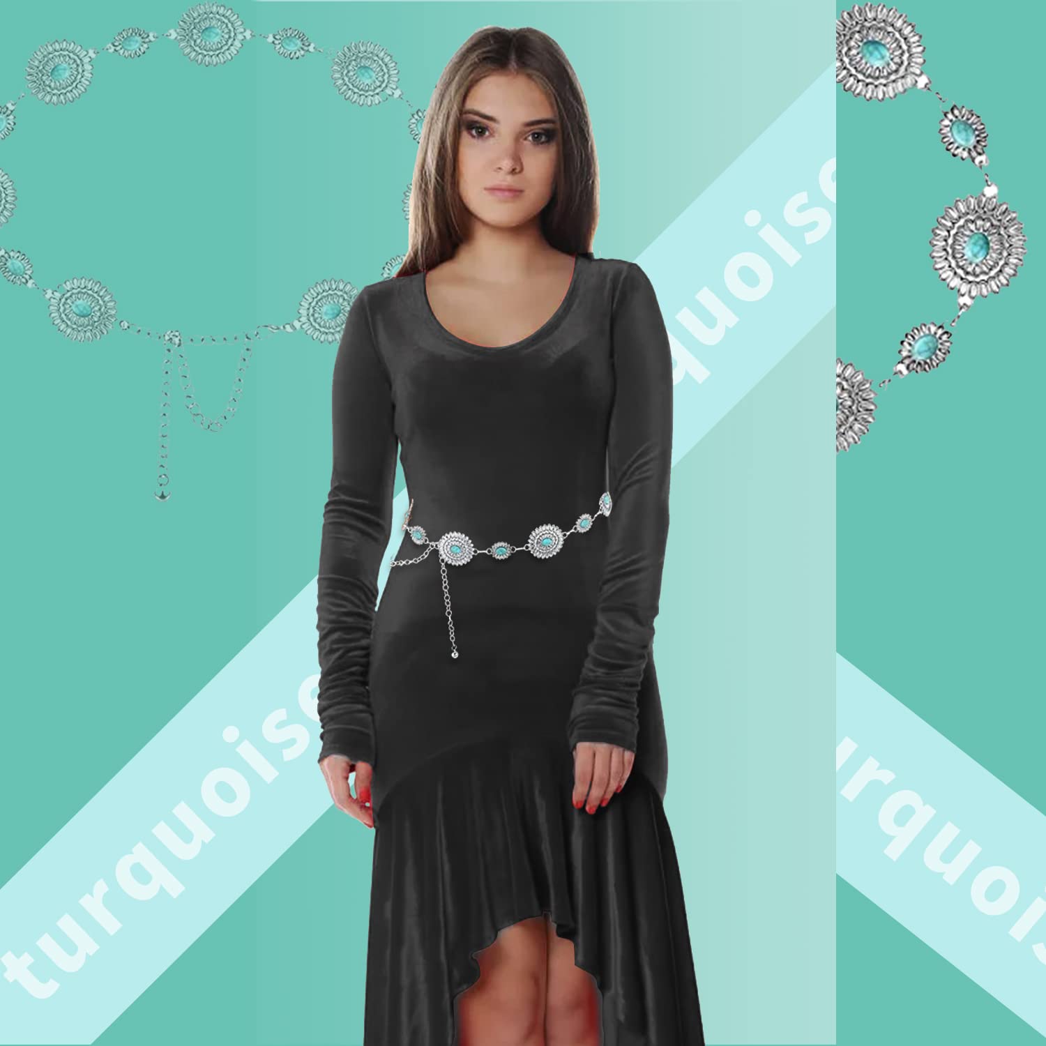 SZWSIUD Western Turquoise Concho Chain Belt for Women Adjustable Metal Waist Belts for Jeans Dresses -2 Pieces
