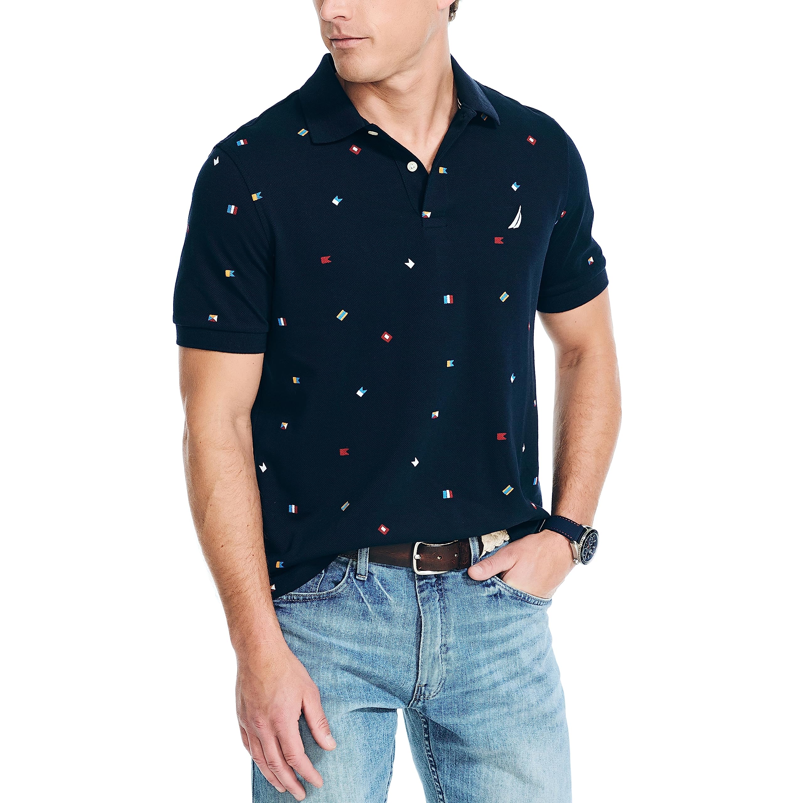 Nautica Men's Classic Fit Printed Deck Polo, Bright White, X-Large