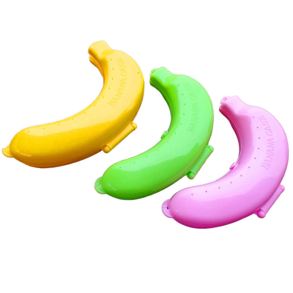 Travel Cute Banana Protector Storage Box Container, 3 Pack Outdoor Lunch Fruit Banana Protector Box Holder Banana Saver Case (Yellow, Green, Pink)