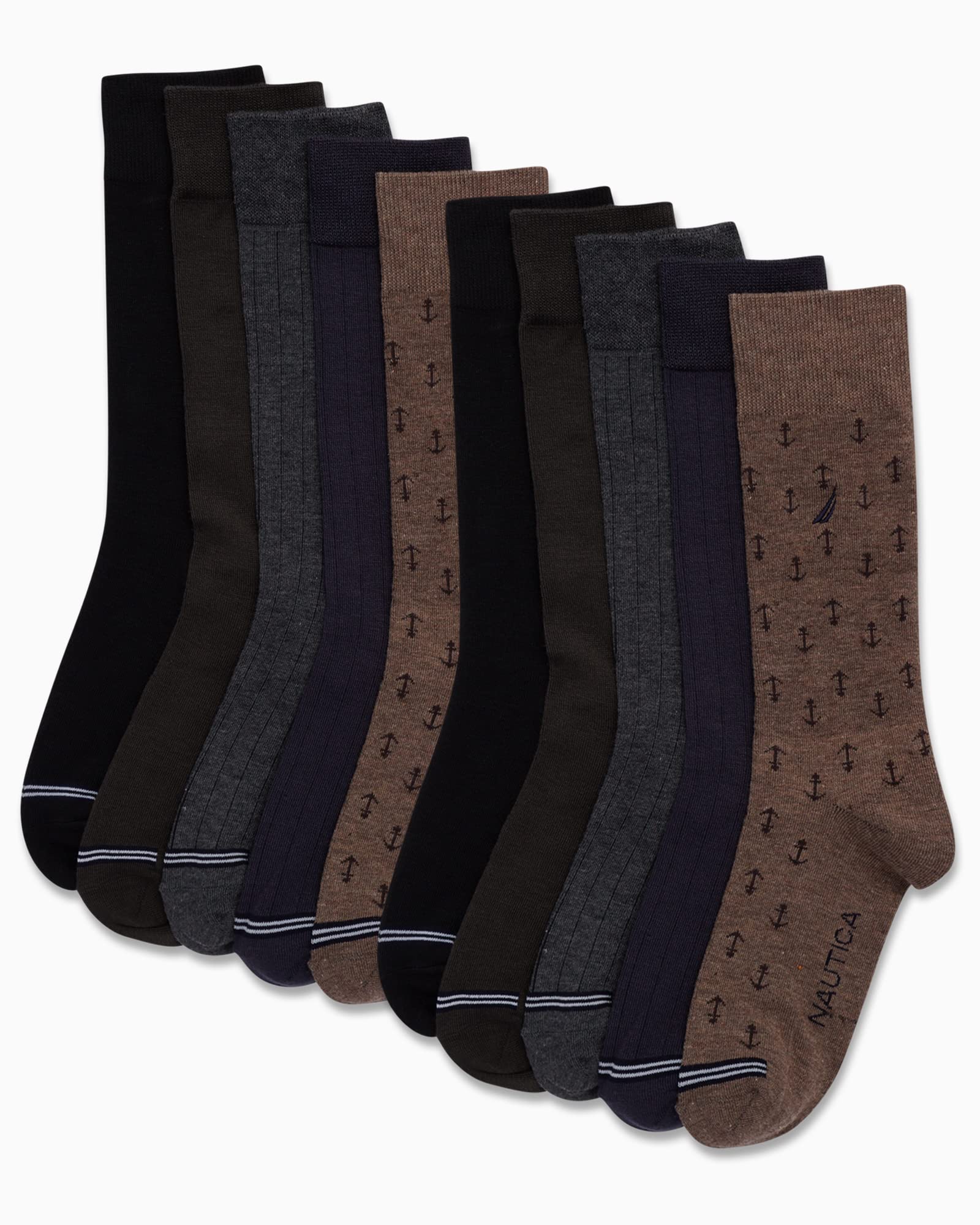 Nautica Men's Dress Socks - Solid Crew Socks (10 Pack), Size 6-12.5, Khaki/Navy/Black