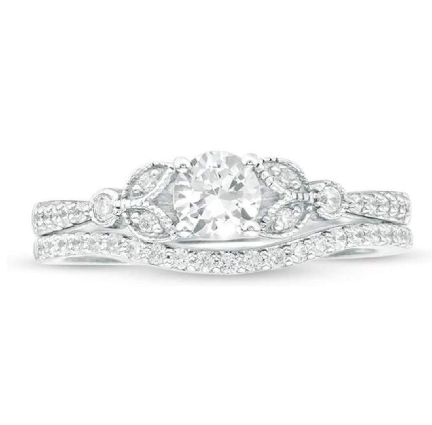 Round Cut 1/6 CT Simulated Diamond Leaf-Sides Vintage-Style Bridal Engagement Wedding Ring Set For Womens In 925 Sterling Silver
