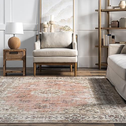 nuLOOM Ren Vintage Floral Machine Washable Ultra Thin Area Rug, 4x6, Peach