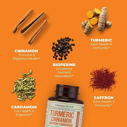 Turmeric Saffron Supplements with Cinnamon powder & Cardamom - Antioxidant Joint Support Supplement Contains Turmeric Curcumin with Black Pepper for Mood, Memory, Eye Health & Well-Being - 60 Capsules