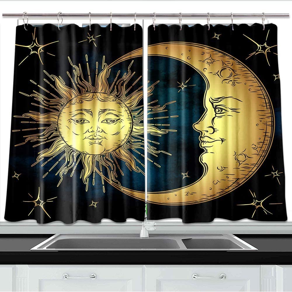 NYMB Boho Antique Hippie Window Curtains, Golden Sun Crescent Moon and Stars Mandala Curtains, Kitchen Decorations Window Drapes, Window Treatment Sets with 2 Panels, 55X39Inches