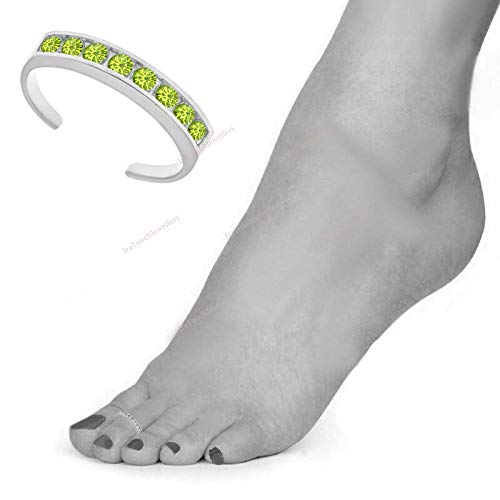 Round Cut Created Peridot Channel-Setting In 14K Gold Plated 925 Sterling Silver Adjustable Anniversary Band Toe Ring For Womens Girls (14K White Gold Plated)