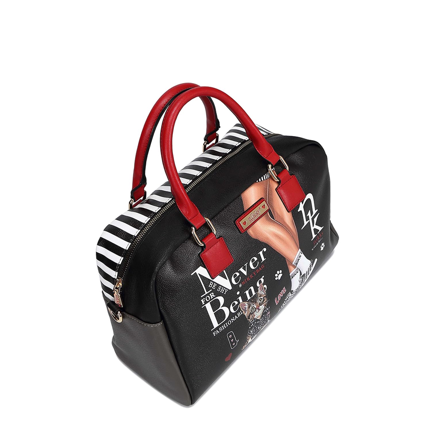 Nicole Lee Nikky Never Be Shy Boston Bag, Medium Vegan Leather Doctor Style Handbag, Black/Red, Kitty Cat Fashion Print