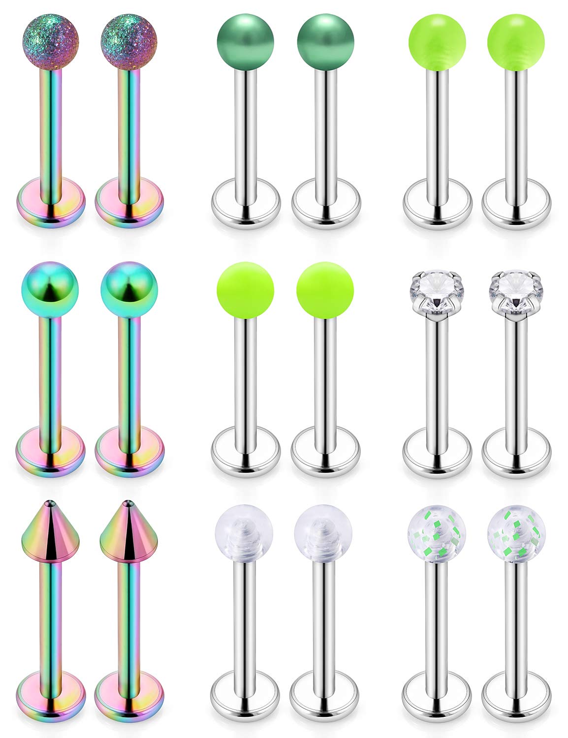SCERRING 14 Gauge Cheek Rings Piercing Clear CZ Tongue Ring Body Piercing Jewelry Retainer 16mm 5/8Inch 18PCS Rainbow
