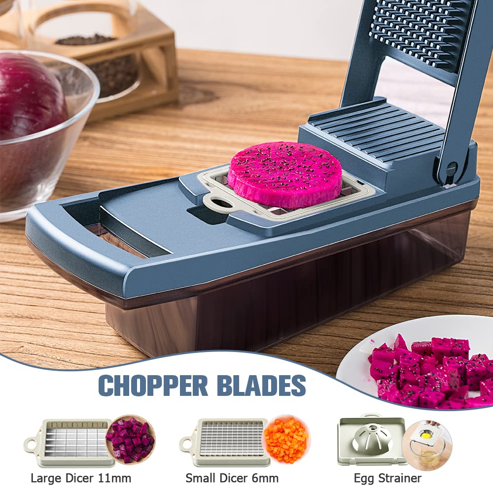 OuYteu Vegetable Chopper Dicer Onion Chopper, 15 in 1 Food Chopper Fruits Cutter with 7 Stainless Steel Blades, Adjustable Slicer, Vegetable Cutter with Drain Rack Storage Container, Kitchen Gadget