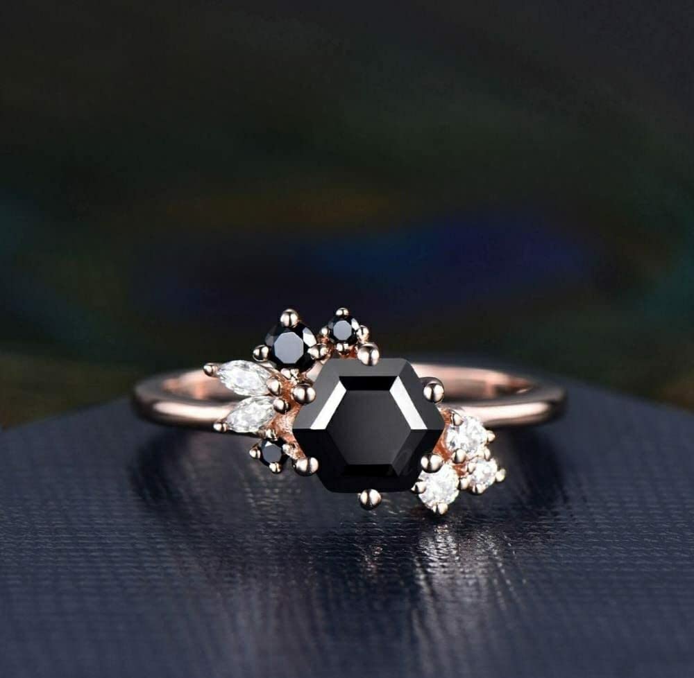 Vintage Black onyx engagement ring hexagon cut black onyx ring rose gold cluster unique engagement ring diamond ring promise wedding ring (Rose Gold, 7)