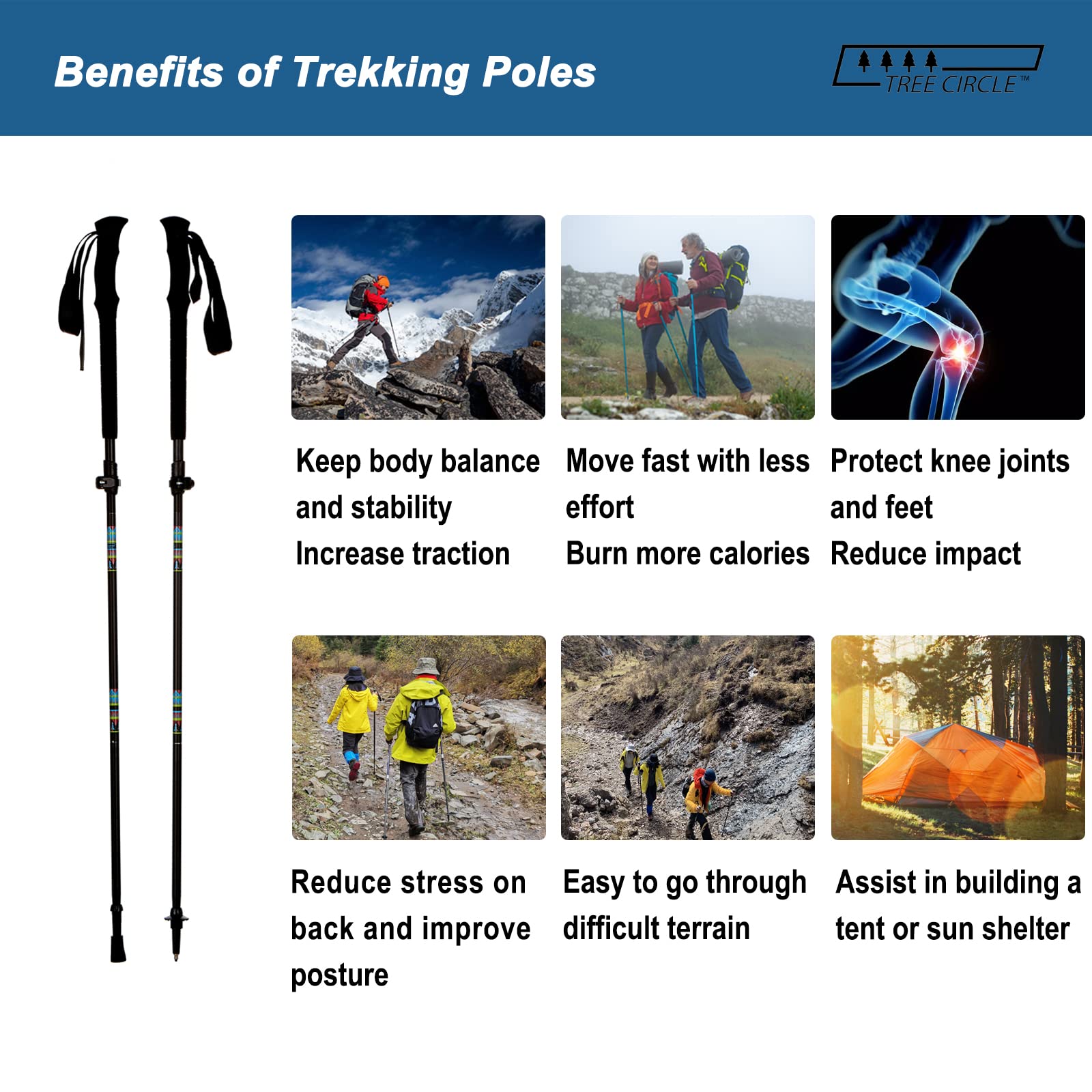 Tree Circle Aluminum 7075 Trekking Poles - 2pcs Pack Collapsible & Ultralight Folding Walking Sticks with Quick Flip Lock, Long EVA Foam Handle for Hiking, Backpacking, Mountaineering
