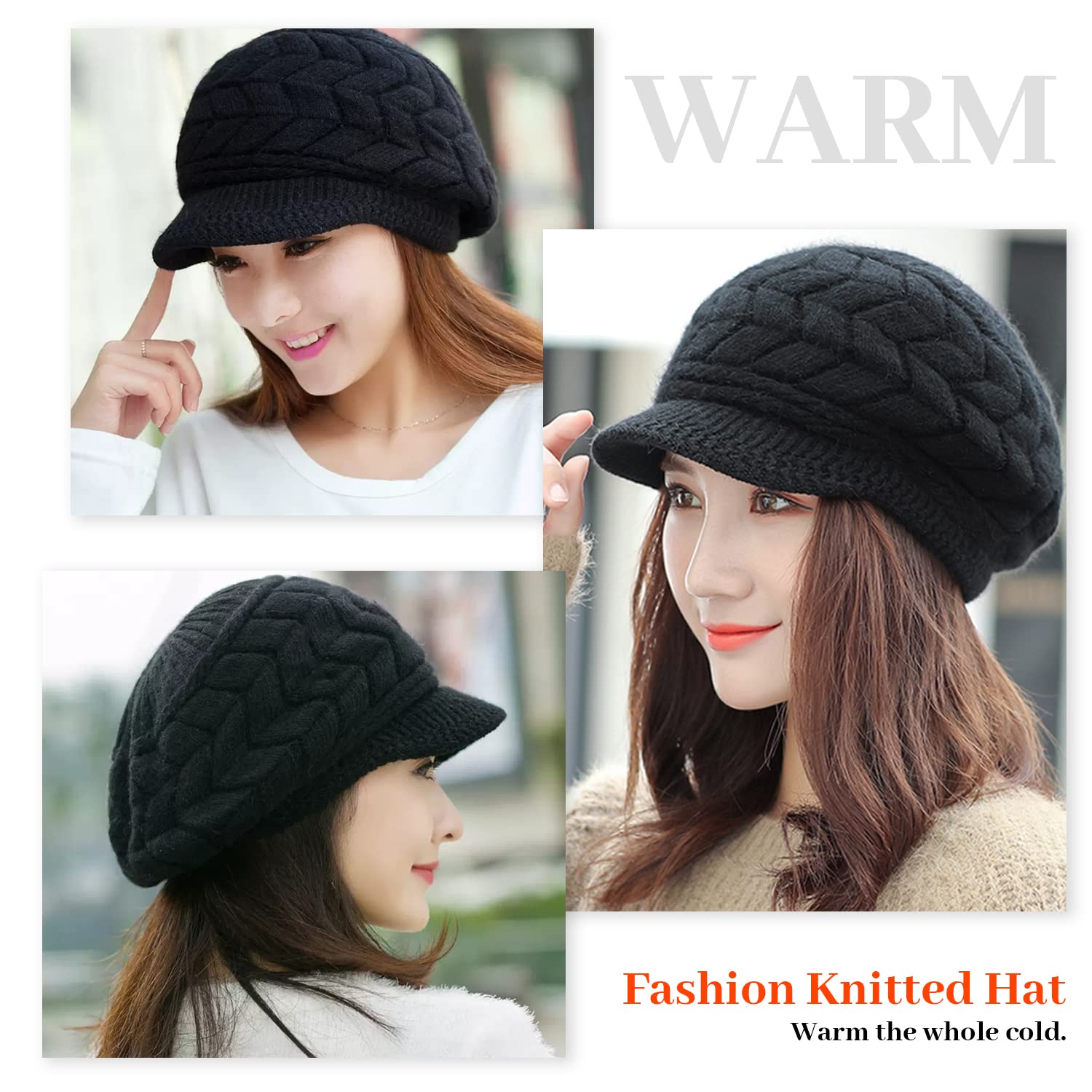 Weradau Women Winter Hat,Soft Wool Knit Beanie Hat for Women,Fleece Lined Snow Ski Caps Slouchy Winter Hat with Vsior