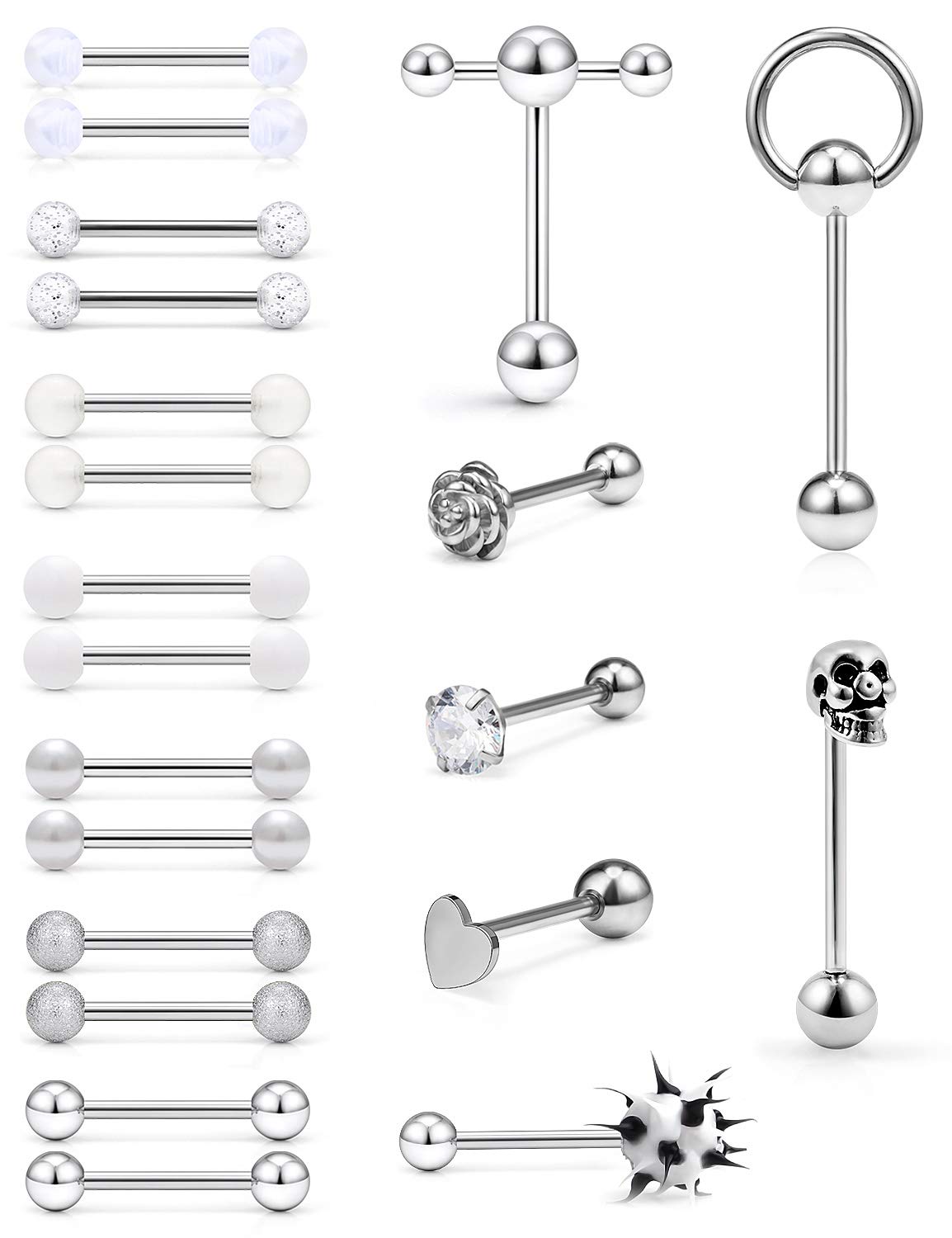 SCERRING 14G Tongue Rings Stainless Steel Rose Skull Heart Tongue Nipple Ring Body Piercing Jewelry Retainer 21PCS Silver