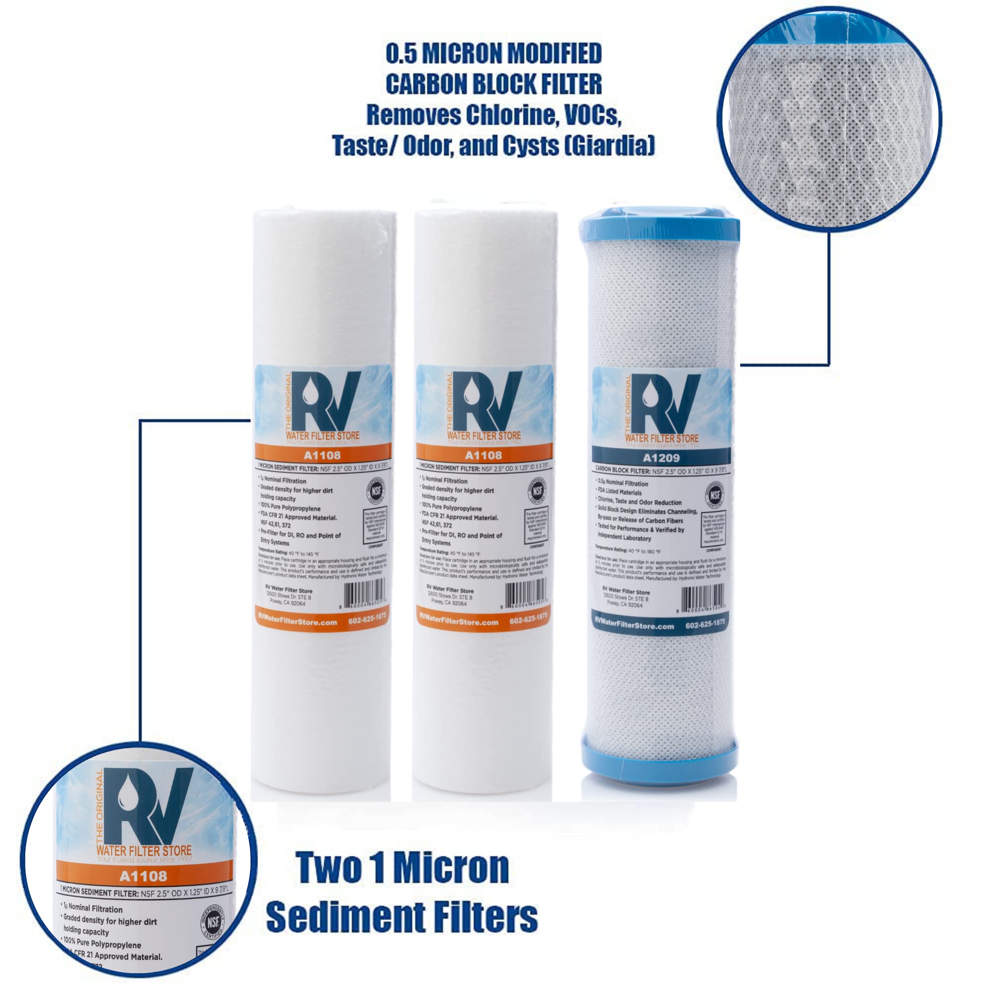 RV Water Filter Store Essential RV Water Filter System with Universal Blue Cage Mounting Bracket and Brass Hose Fittings + Warranty