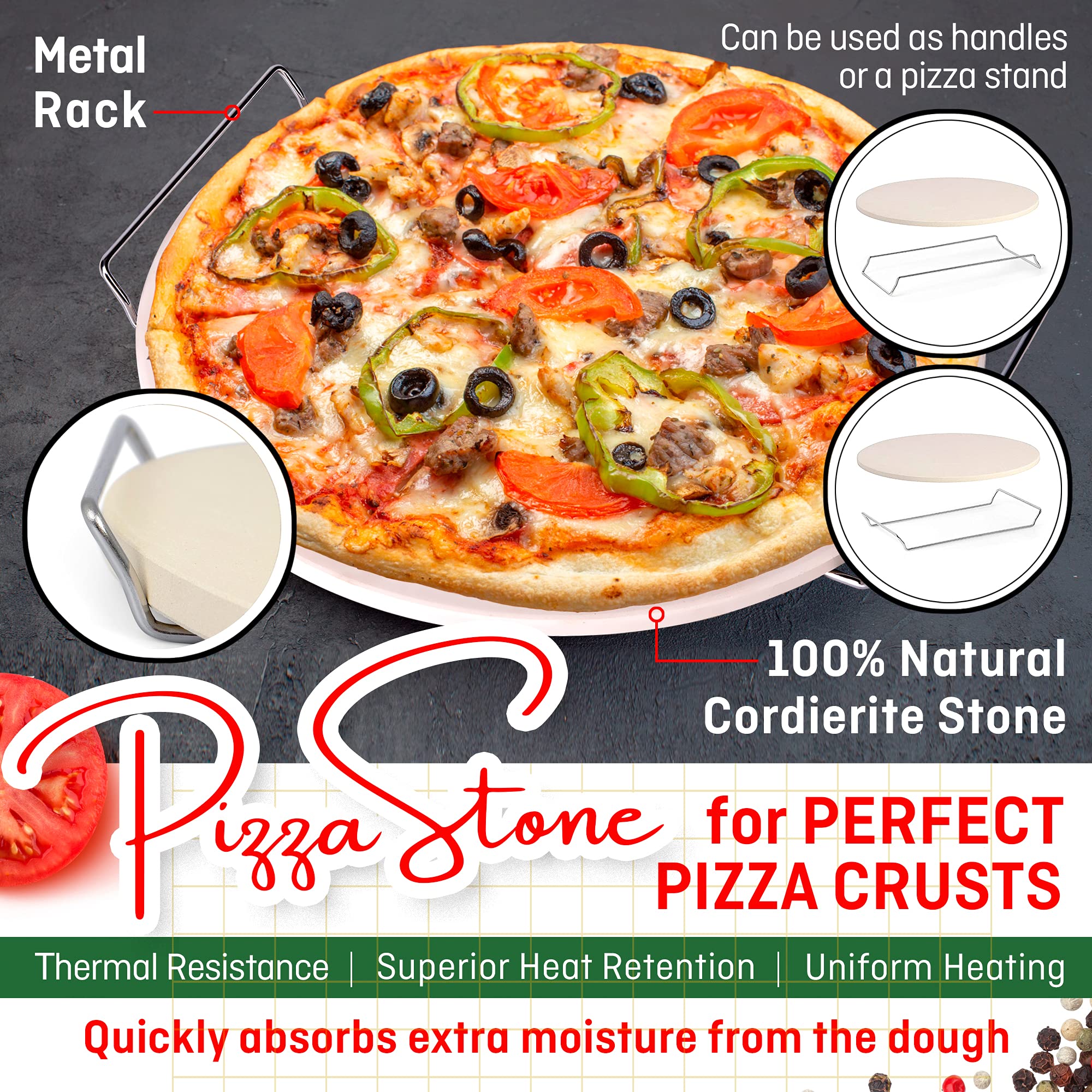 PANDA LAND Large 14" Round Pizza Stone 5-Piece set with Extra-Large Bamboo Pizza Peel Cutter Slice Server Wire Rack | Perfect Pizza Set with all Grilling Accessories| Pizza Stone for Oven and Bbq