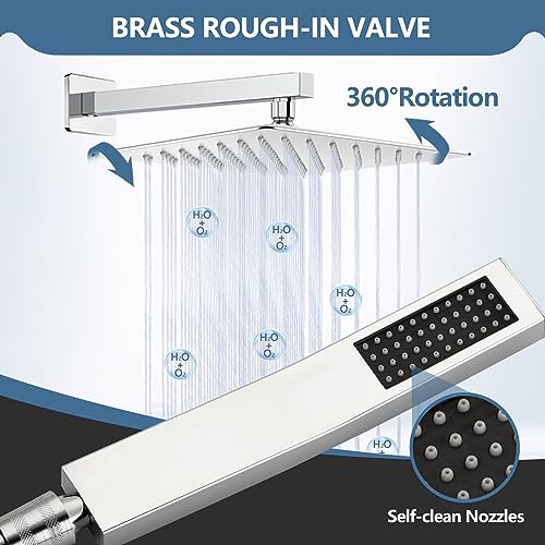 Shower Faucet Set, 10 Inches Rainfall Shower System with High Pressure Rain Shower Head with Handheld, Square Shower Faucet Wall Mounted Bathroom Luxury Rain Mixer Shower Complete Combo Set