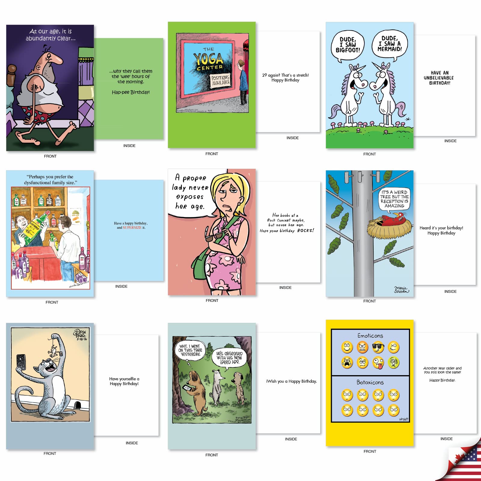 NobleWorks - 36 Assorted Funny Birthday Cards Bulk Box Set with Envelopes (36 Designs, 1 Each) Mixed Humor Greeting Card Variety Pack for Men and Women - Cartoon Party AC9374BDG-B1x36