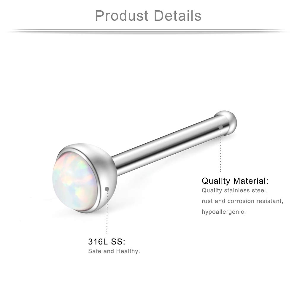 Ruifan 20PCS 18G Surgical Steel 1.5mm Opal CZ Nose Bone Studs Rings 2mm Clear Bioflex Nose Ring Retainer Pin Piercing Jewelry