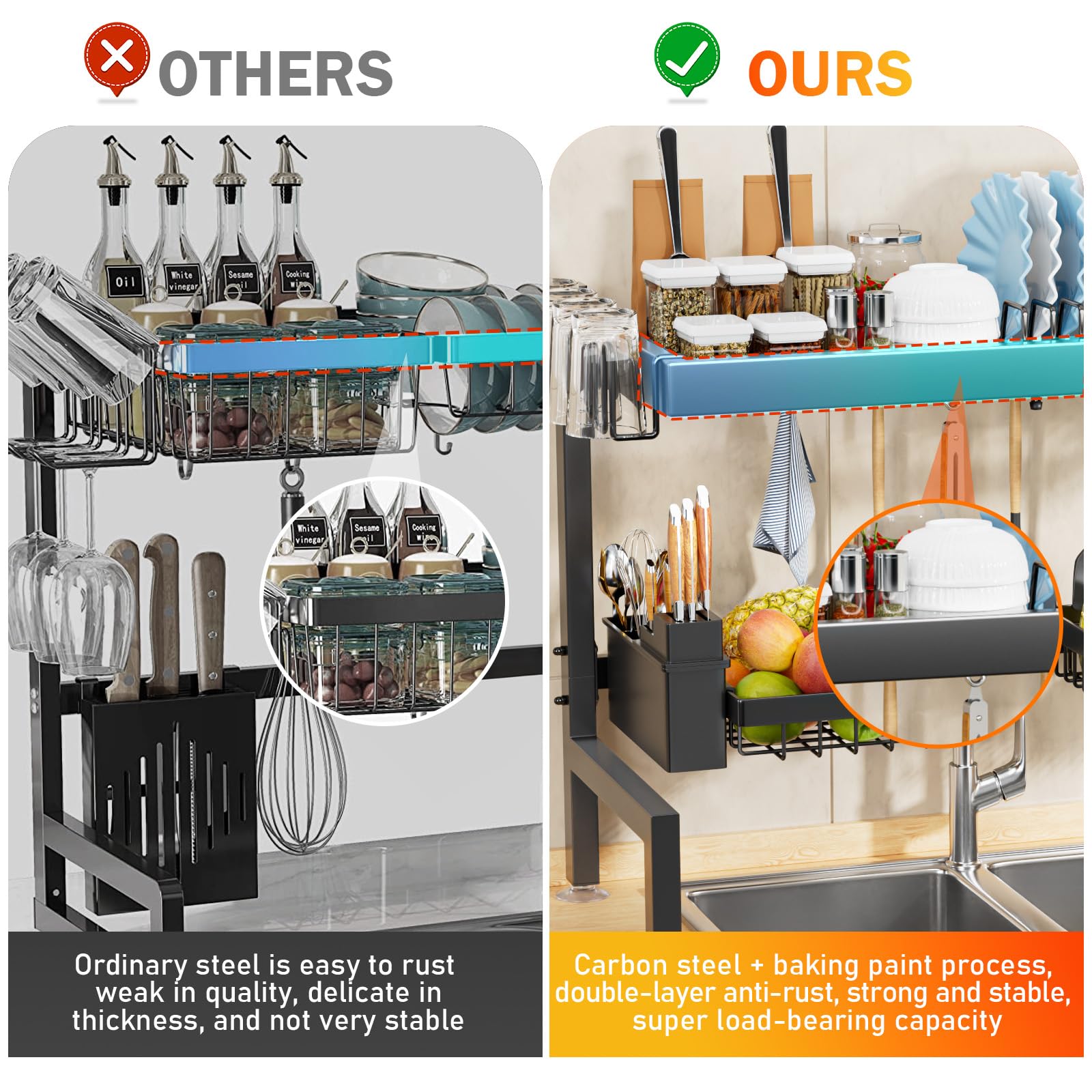Over The Sink Dish Drying Rack【Thicker and More Sturdy】Kitchen Dish Drying Rack Space Saving, Over Sink Dish Drying Rack, Metal Drying Rack,26.5"-32.5"