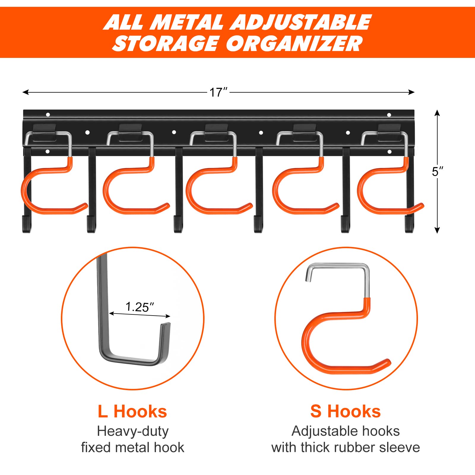 TVKB 68'' All Metal Garden Tool Organizer Adjustable Garage Tool Organizer Wall Mount Garage Organizers and Storage with Hooks Tool Hangers for Garage
