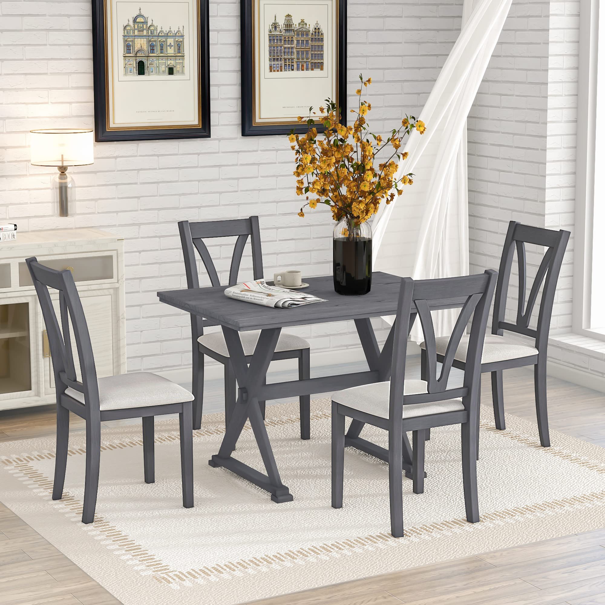 Prohon 5-Piece V-Shaped High Backrest Upholstered Chair for 4, Mid-Century Dinner Furniture w/Strong Rubber Wood Legs for Small Space, Kitchen, Apartment, Antique Grey, Dining Table Set for 4