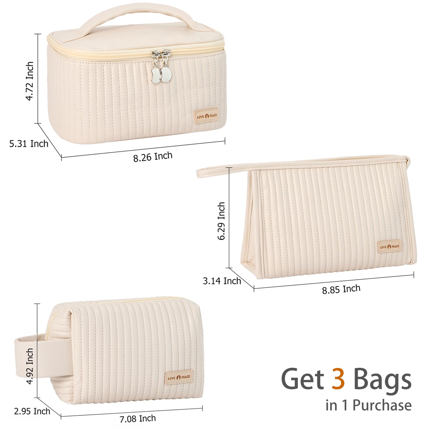 MIRASON Makeup Bag Set of 3 Cute Cosmetic Travel Bag Organizer Pouch Set for Women PU Leather Waterproof Toiletry Bag 3 Piece Set, Beige