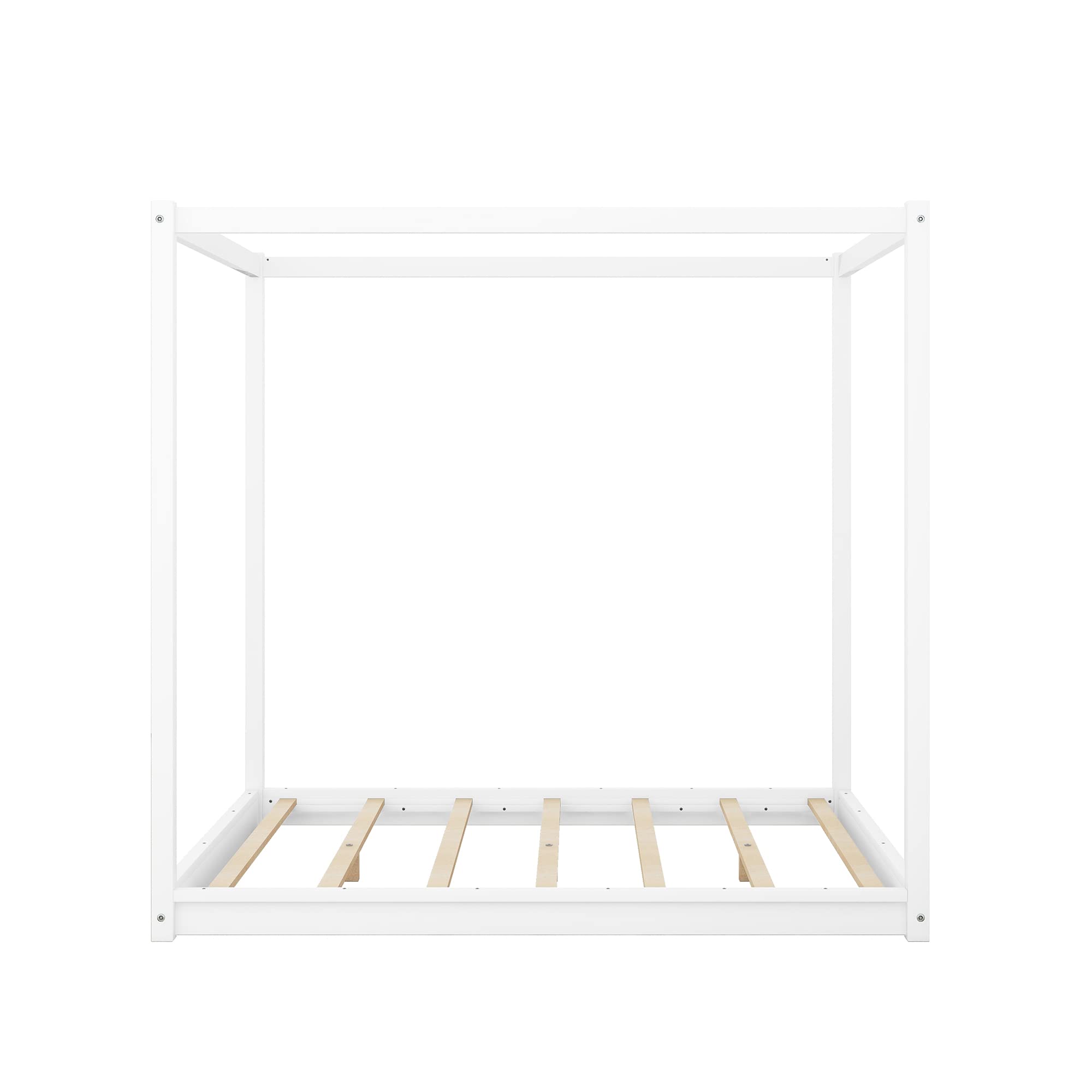 Prohon King Canopy Bed without Headboard, Montessori Floor Bed Wooden Canopy Bed Frame, King Size Platform Bed for Kids, Teen, Adults, No Box Spring Needed, Easy to Install, White