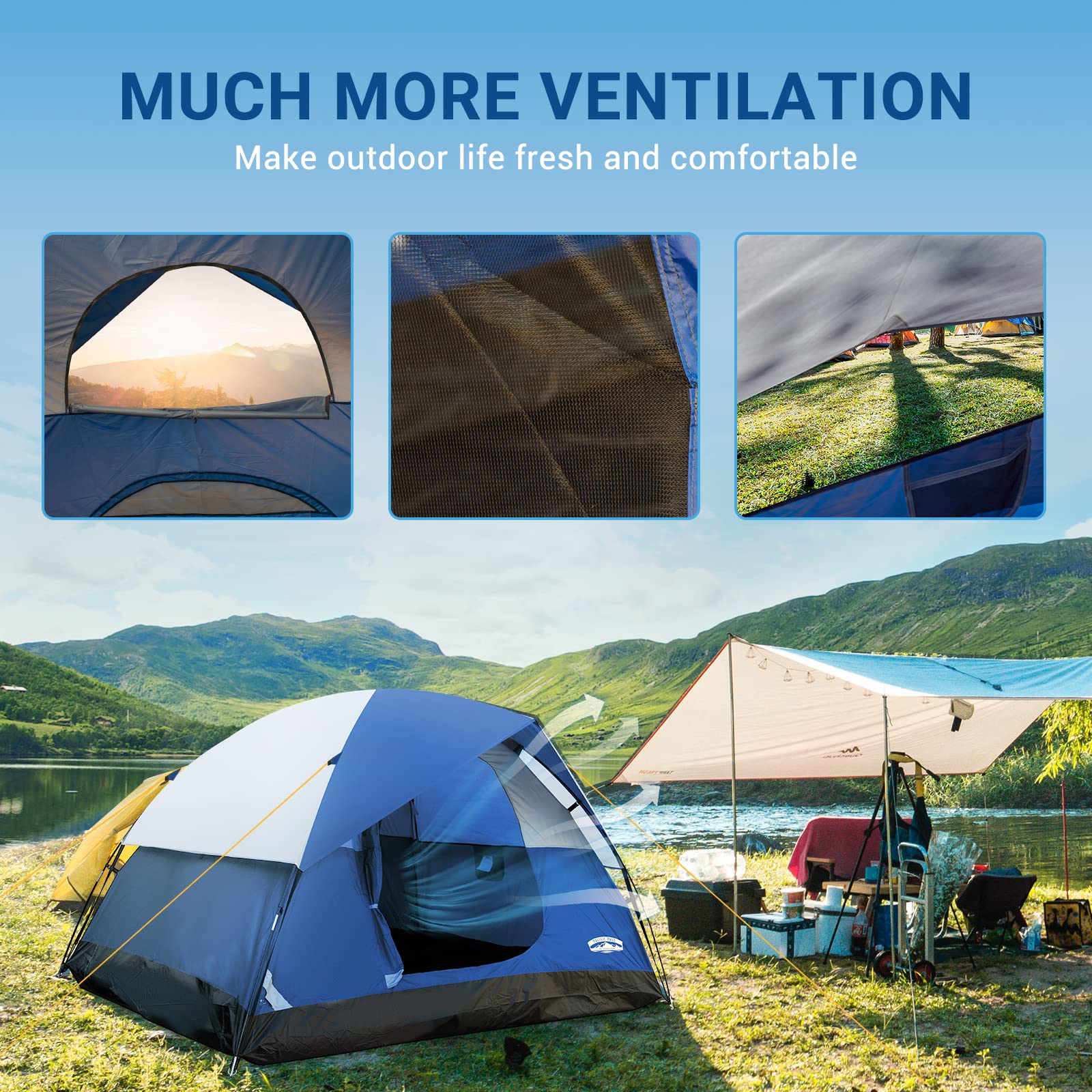 Pacific Pass Camping Tent 6 Person Family Dome Tent with Removable Rain Fly, Easy Setup for Camp Backpacking Hiking Outdoor , Navy Blue, 118.1x118.1x74.8 inches