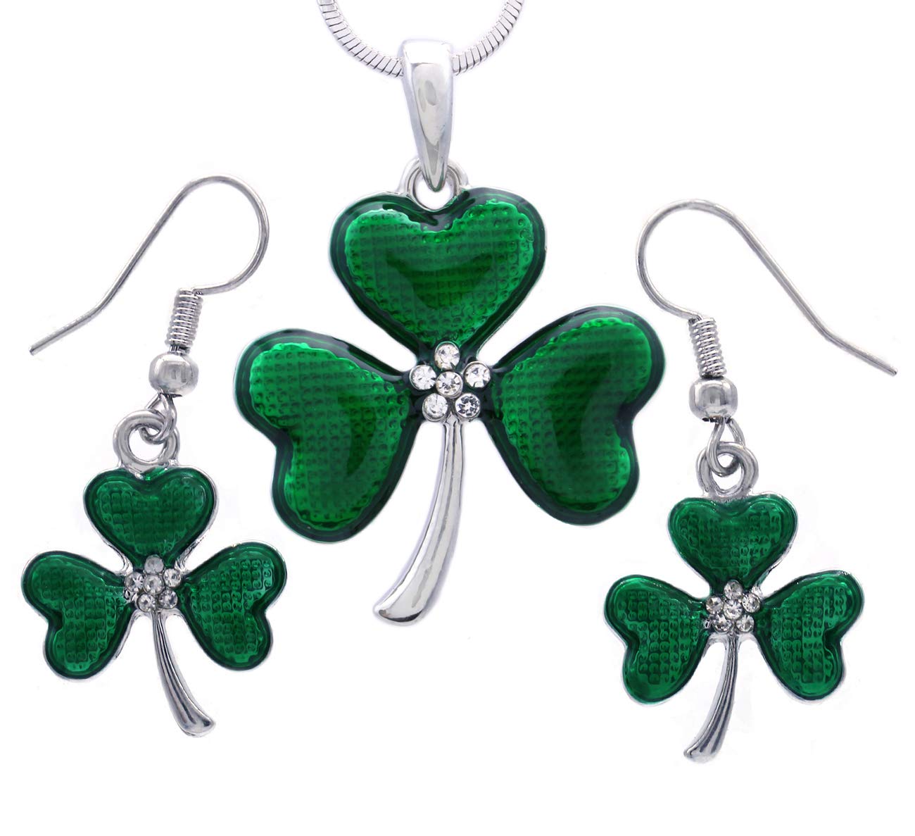 Soulbreezecollection St. Patricks Day Irish Good Luck Charm Shamrock 4 Leaf Clover Earrings Necklace Pendant Set