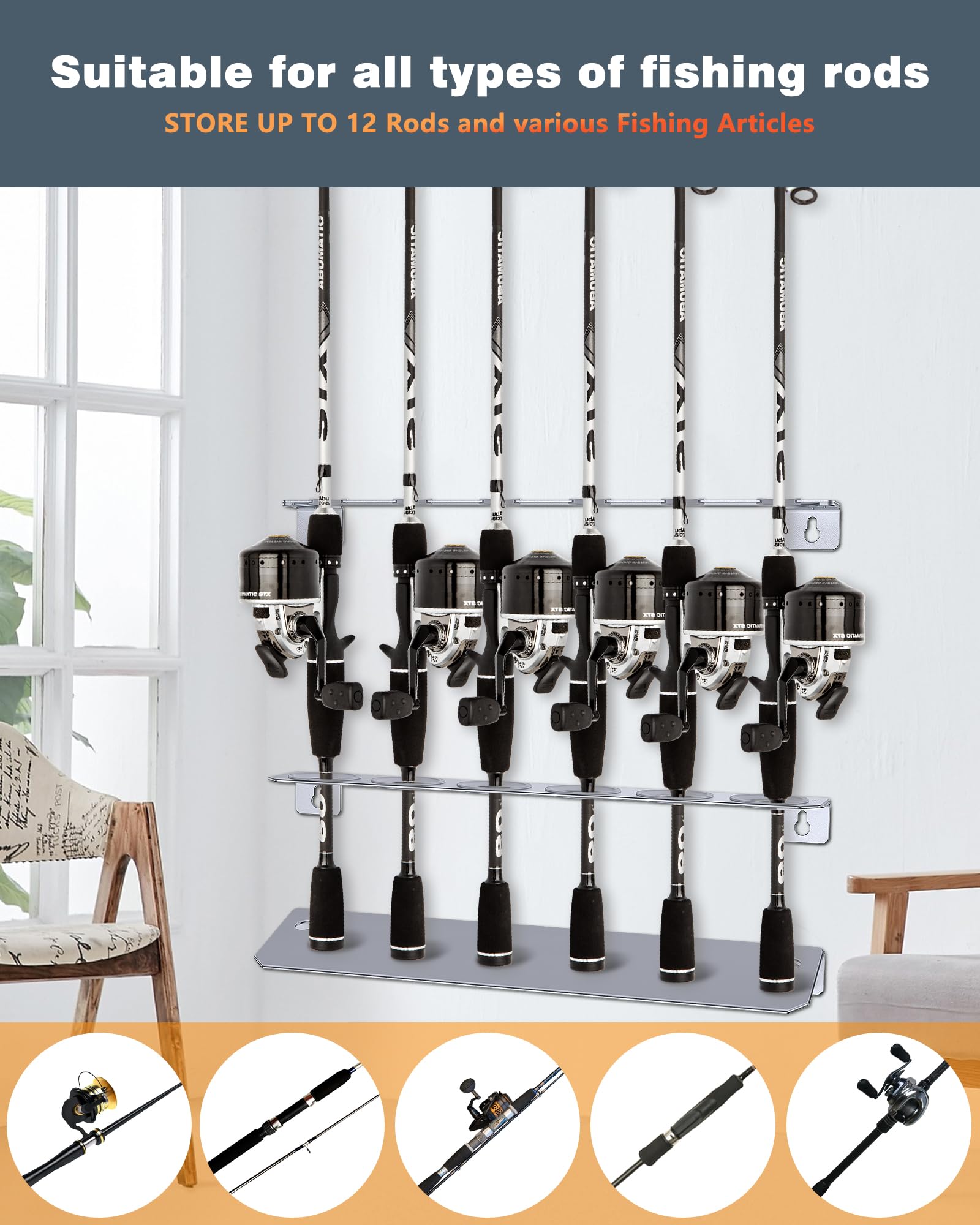 MUSVOH Fishing Pole Holders for Garage,Fishing Rod Holders for Wall- Durable 100% Aluminum Alloy, Rust-Free Design, Wall-Mounted Space-Saving Holder, Easy Rod Access & Long-Term Use